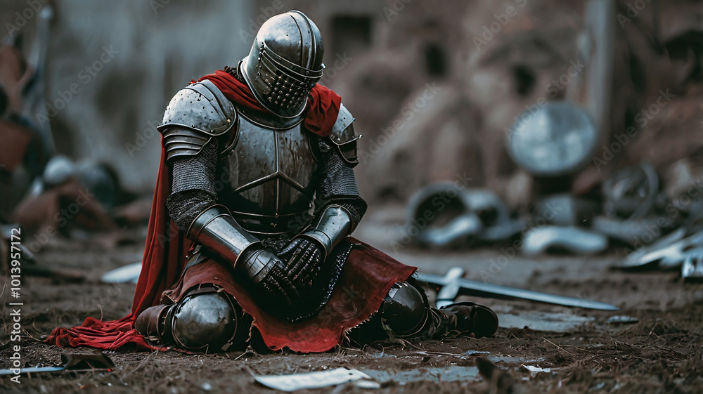 Skillful knights on battlefield, A knight praying on his knees before battle, with a solemn ...