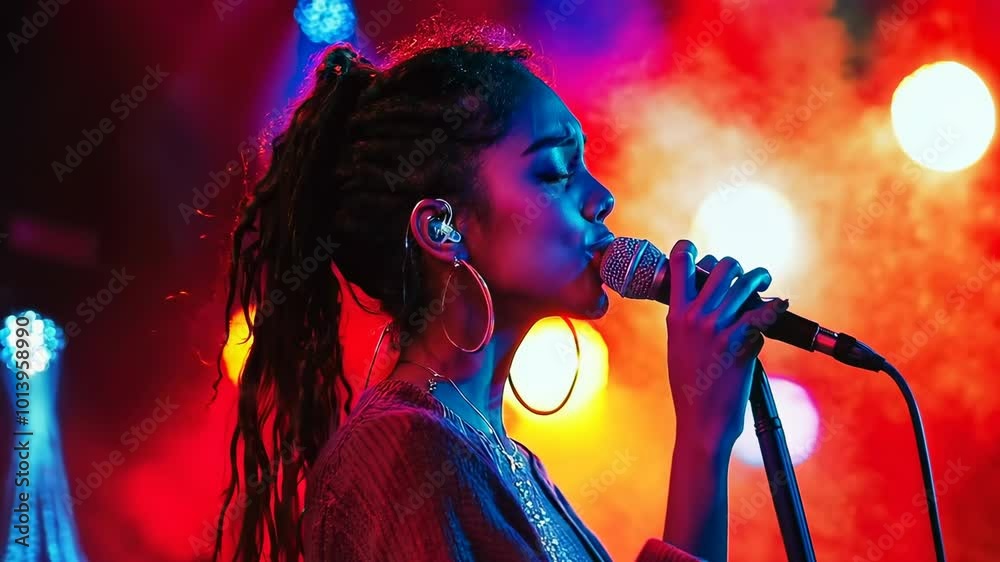 A young female singer with braided hair passionately performs on stage ...
