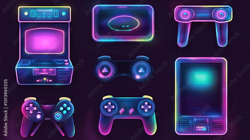 Neon glowing retro gaming console, handheld, and joystick set for video ...