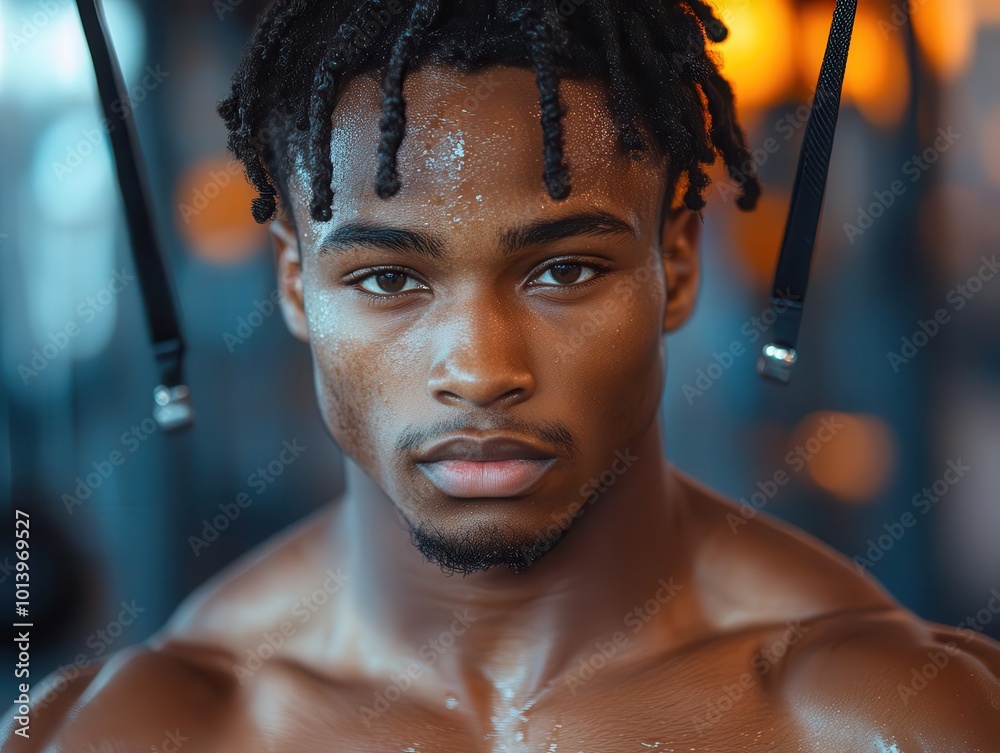 an energetic man performs a fitness exercise in a vibrant gym setting ...