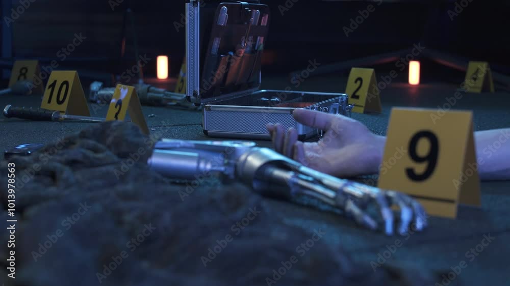 Fantastic crime scene with evidence like robot hands and human hand of ...