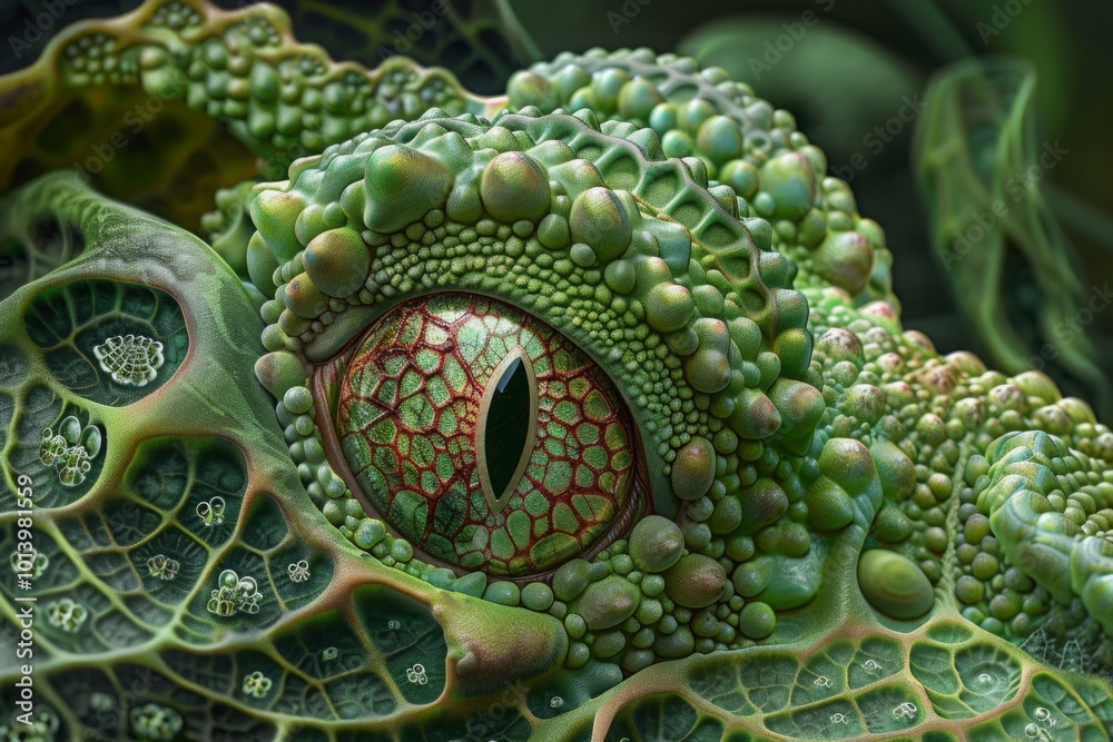 Close-up view of a reptilian eye with intricate texture and scale details. Macro shot capturing ...