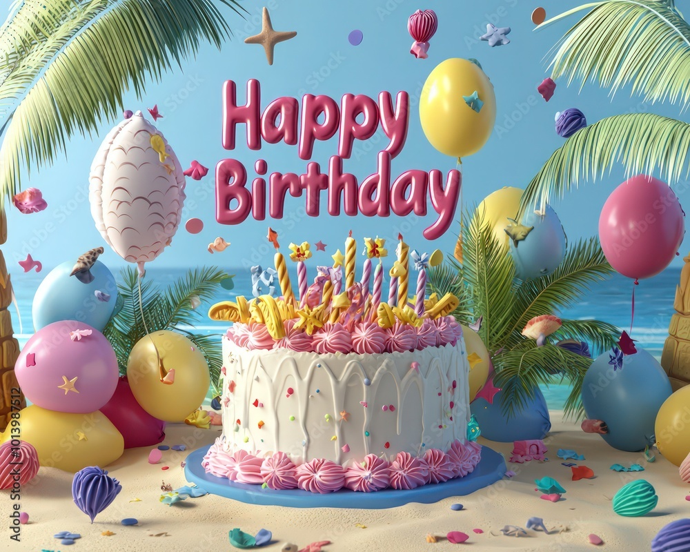 Tropical Joy 3D Happy Birthday with a tropical-themed cake, beach ...