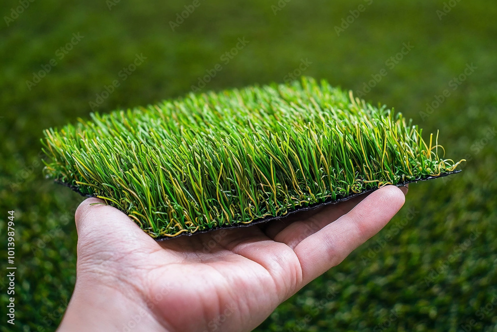 Artificial grass sample. Persons hand holding artificial grass sample ...