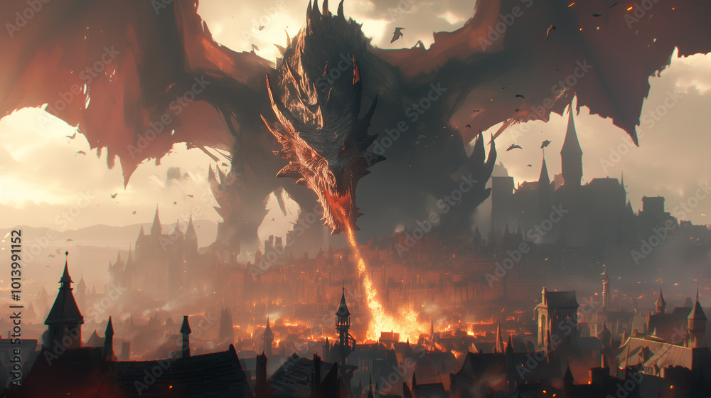 ferocious red dragon unleashes a fiery inferno over a medieval city at ...