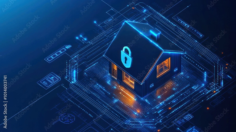 Smart home security system concept A 3D isometric house with digitized ...