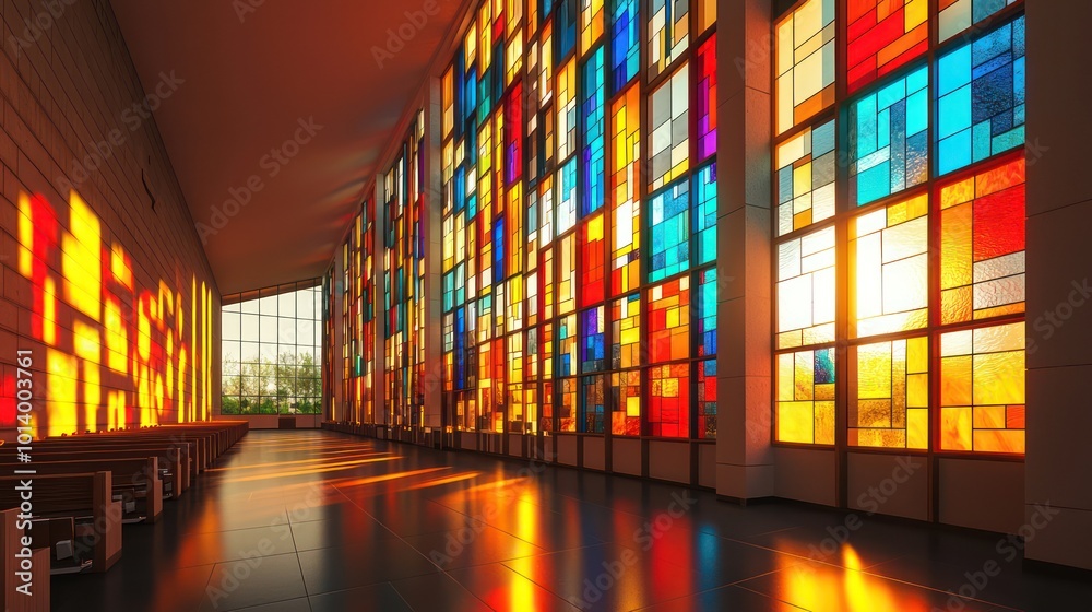 A modern church with stained glass windows enhanced by discreet ...