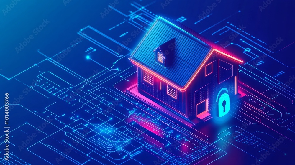 Smart home security system concept A 3D isometric house with digitized ...