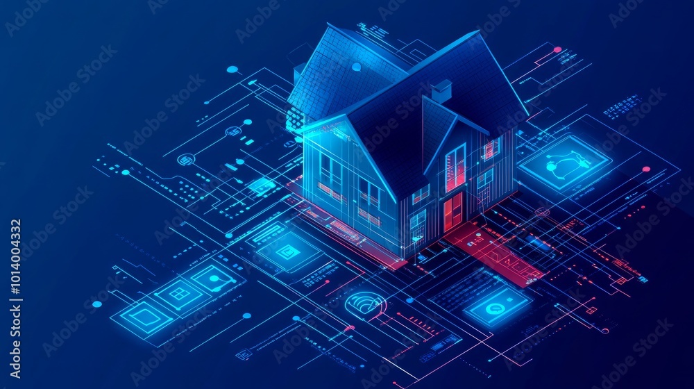 Smart home technology banner A house made of digital codes connected to ...