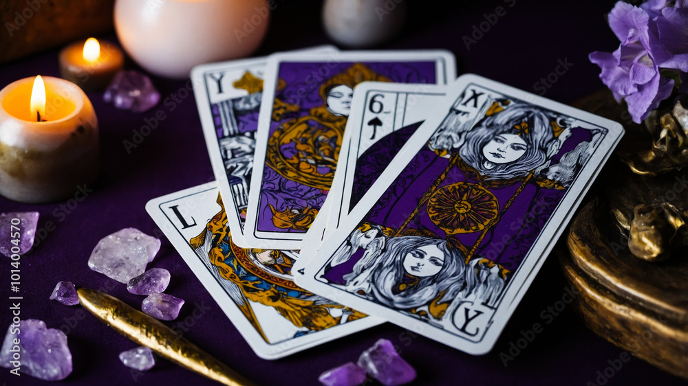 Tarot cards with crystals and candlelight in spiritual reading setup ...