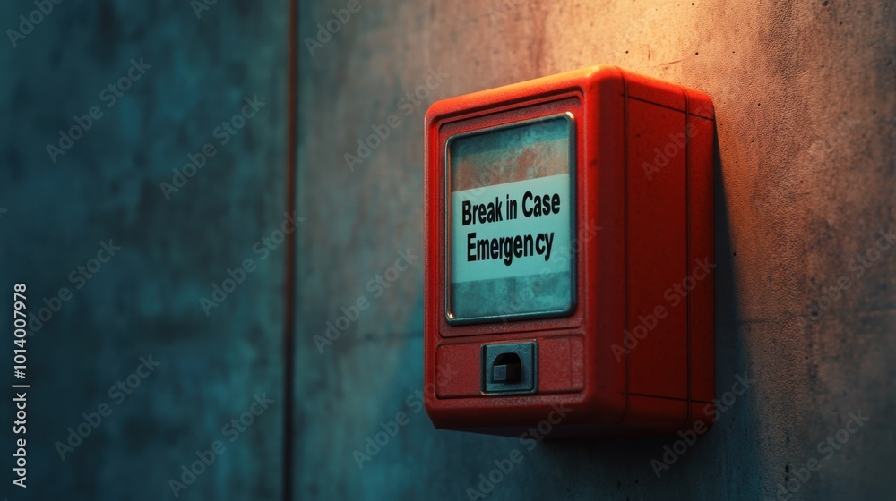 Create a 3D render of a red emergency box mounted on a wall, featuring ...