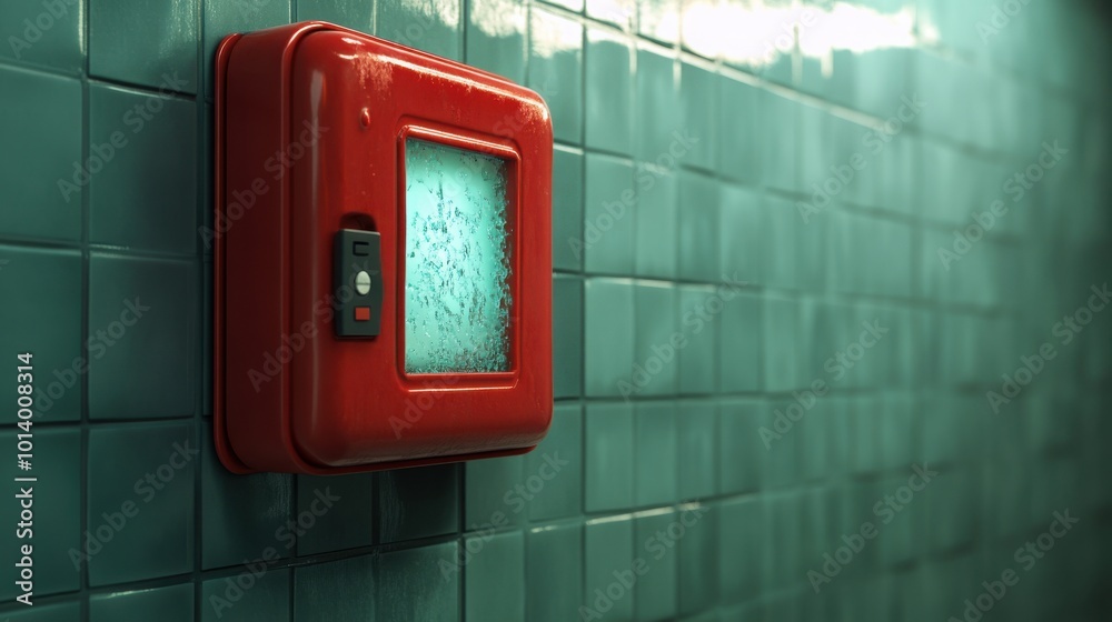 Design a 3D wall-mounted red emergency box with a breakable glass front ...