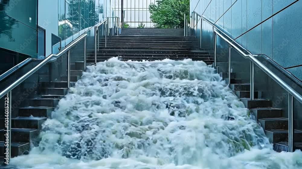 Floodwater cascades down a stairwell in an urban setting, creating a ...
