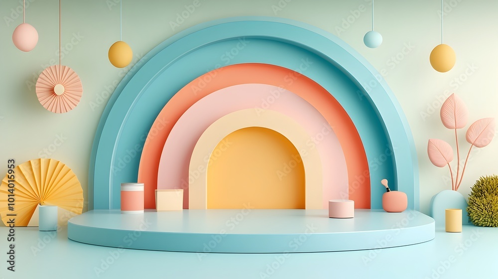 Minimalist 3D studio room with pastel rainbow background empty floor ...