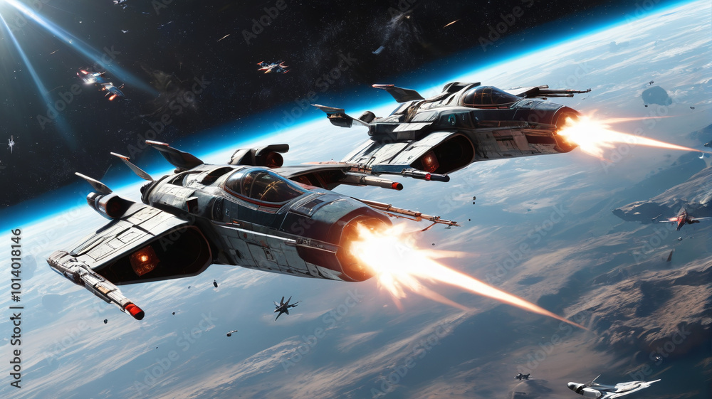 Across the celestial expanse, fleets of starfighters engage in ...