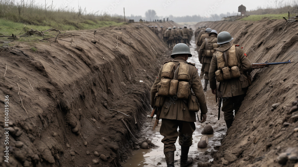 In the muddy trenches of the Western Front, soldiers huddle together ...