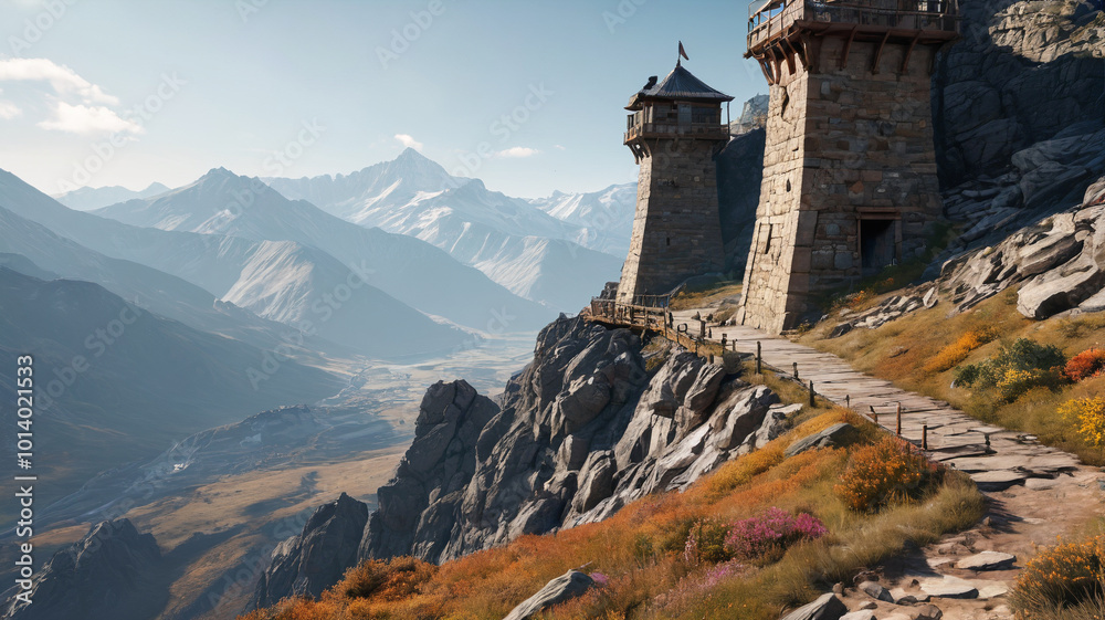 At the mountain pass, watchtowers stand sentinel, their lookout posts ...