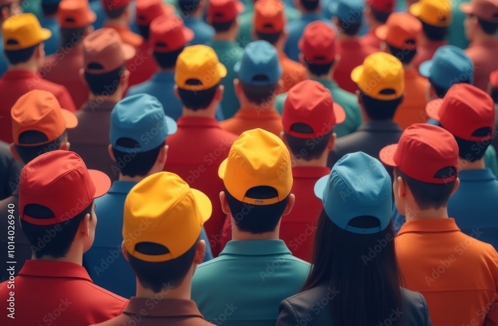 Crowd of people in colorful caps seen from the back Crowd of people ...