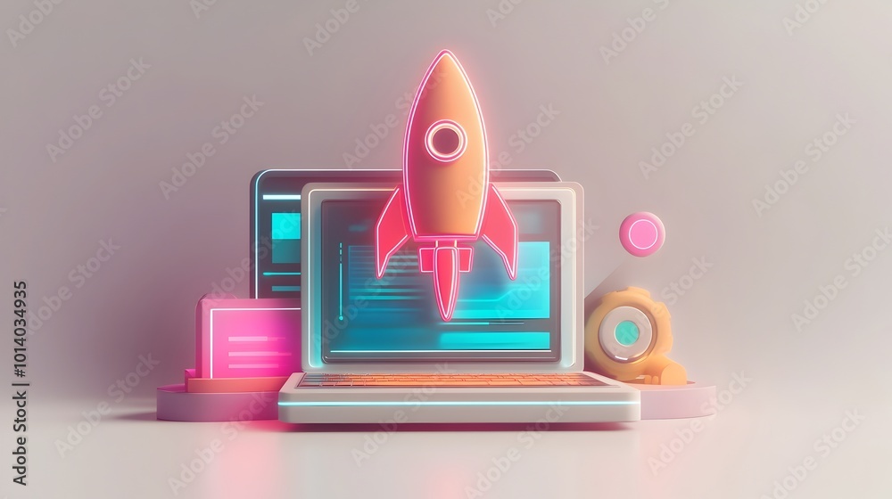 Innovative 3D startup visualization featuring a laptop with a rocket icon showcasing a ...