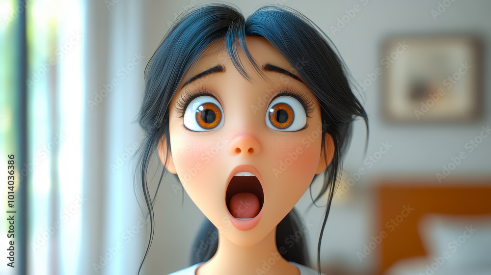 Surprised and Shocked Young Indian Woman in 3D Animation with Open ...