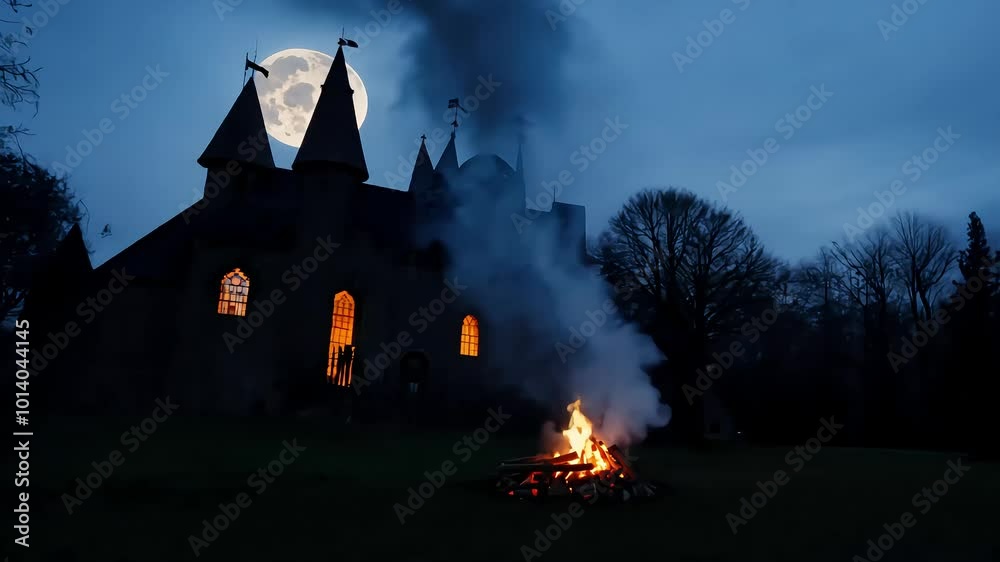 haunting old castle underfull moon sets stage forsmall fire burning ...