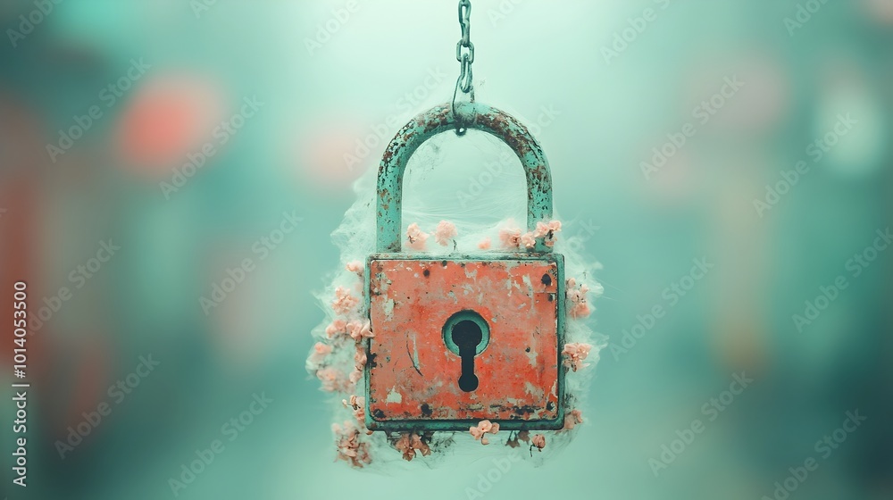 Tarnished worn padlock obscured by a shroud of thick swirling fog ...
