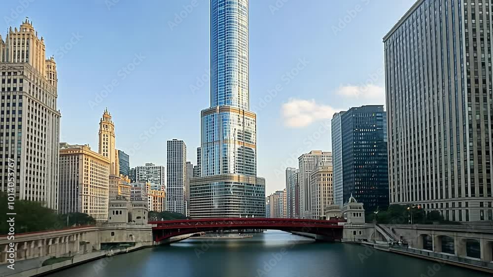 This captivating view showcases the majestic Chicago skyline and river ...