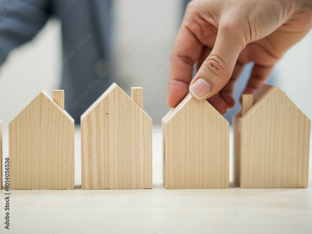 Building houses concept. A hand touching one of several wooden model ...