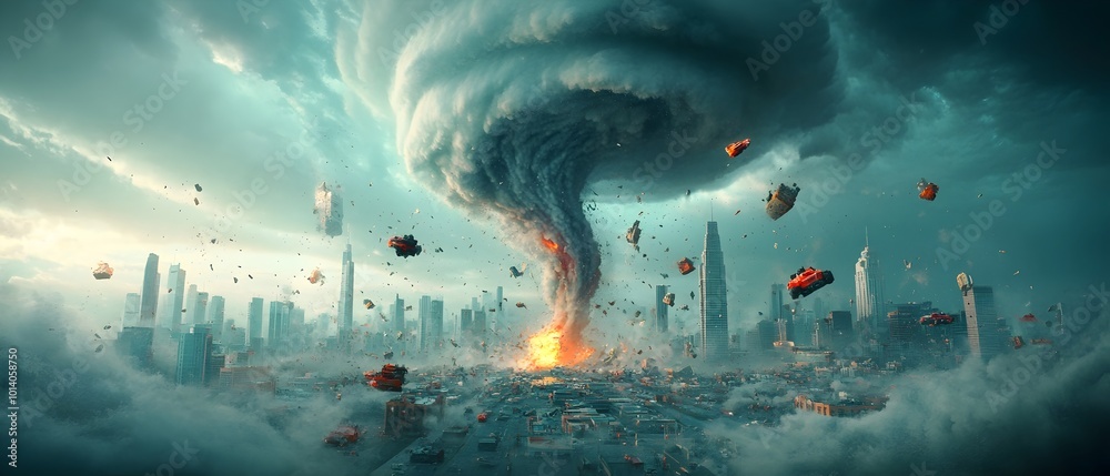 Cinematic 3D action sequence depicting a colossal tornado ravaging a ...