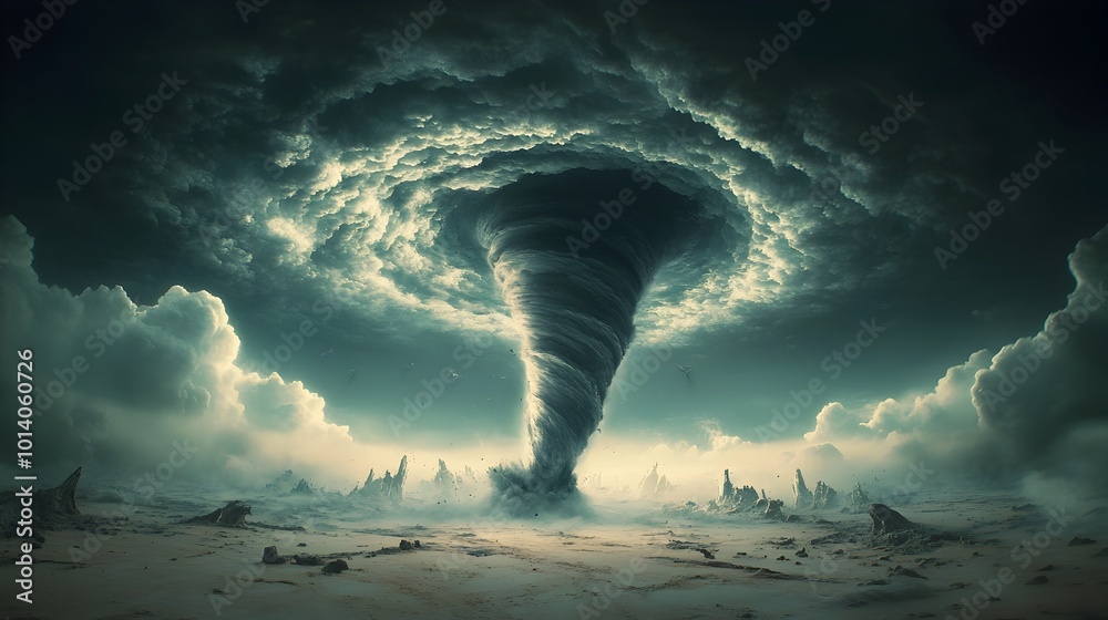 Dramatic 3D tornado descending from ominous swirling storm clouds in a ...