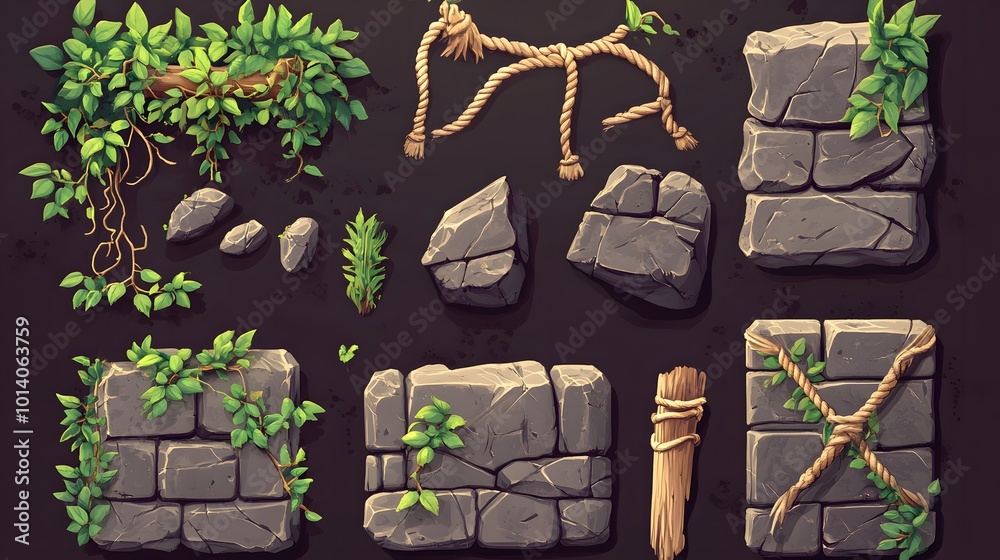 Stone game menu elements with rocky texture, adorned with vines, ropes ...