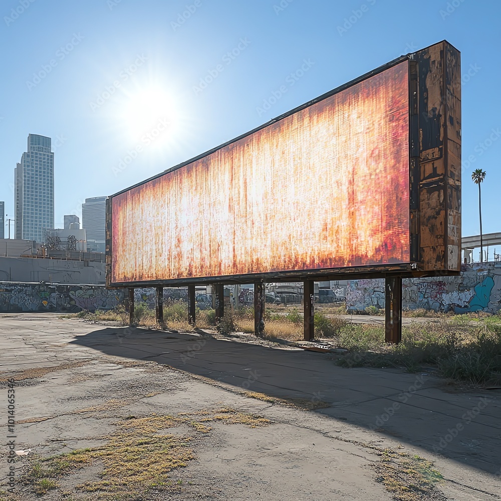 huge wide billboard on street, vintage old worn blank display board on ...