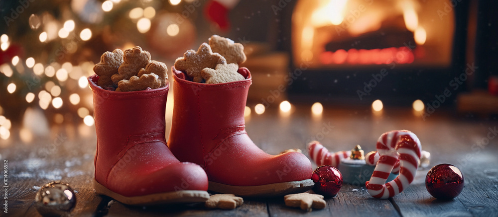 Saint Nicholas Day, Red baby shoes filled with sweets and treats to ...