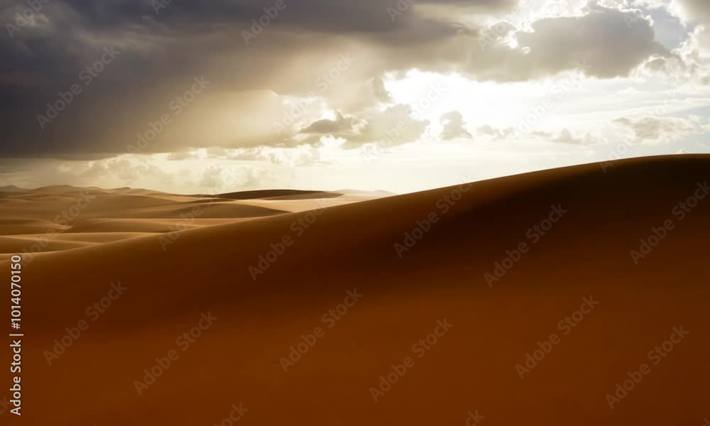 Expansive desert landscape with golden sand dunes under a dramatic sky ...