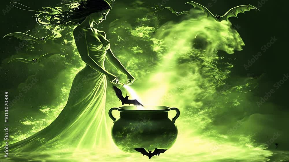 A witch in a flowing gown stirs a bubbling cauldron, surrounded by ...
