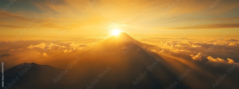Sunrise over Mount Fuji, Japan with the sun rising behind one of its ...