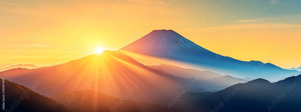 Sunrise over Mount Fuji, Japan with the sun rising behind one of its ...