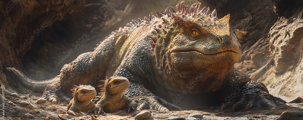 A majestic, mythical creature resembling a dragon lizard rests in a ...