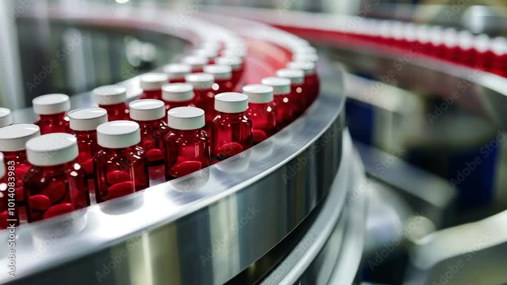 The image shows a production line with red vials moving along a ...