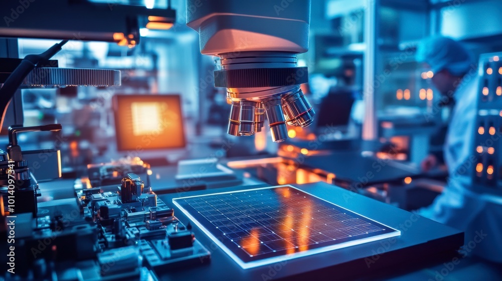 A solar cell under a microscope in a research lab, with scientists ...