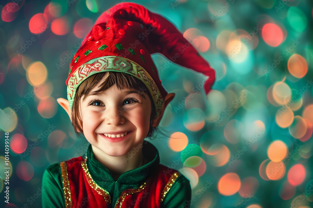 Elf in traditional green and red attire smiling with pointy ears ...
