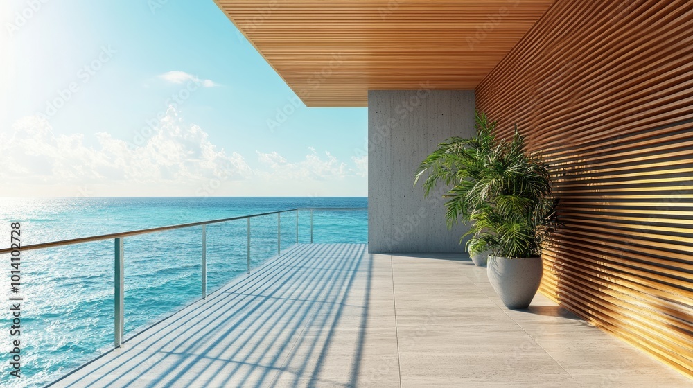 Balcony room with sea and beach view from the window. Modern interior ...