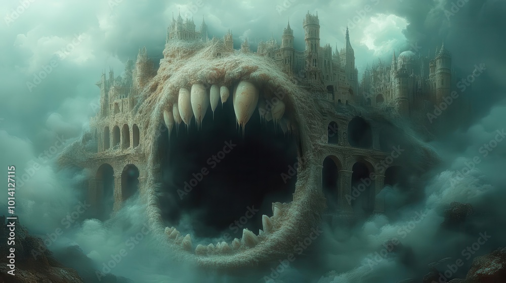 surreal landscape within a giant open mouth where teeth morph into ...