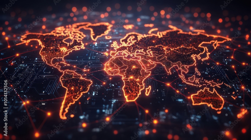 world map integrating connected countries against a dark background ...
