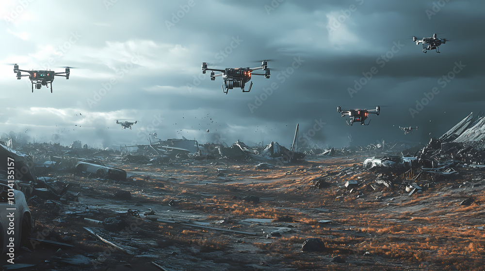 Generative AI, The Fallen Machines: Drone Wreckage Scattered Across a ...