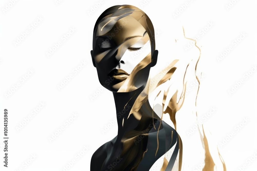 Flat A portrait of a woman is depicted with golden lines on her face ...