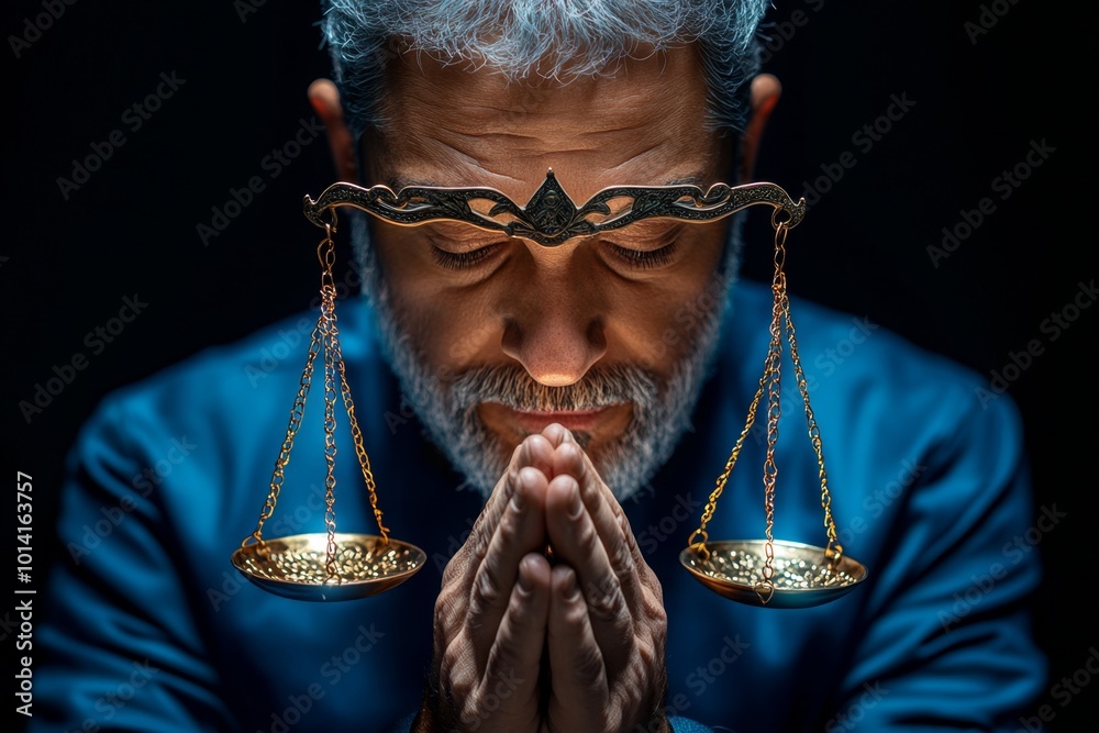 Fantasy philosopher holding a glowing scale, where each side represents ...
