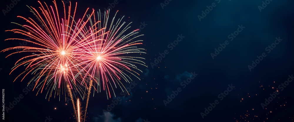 Bright fireworks explode in the night sky, creating a colorful scene ...
