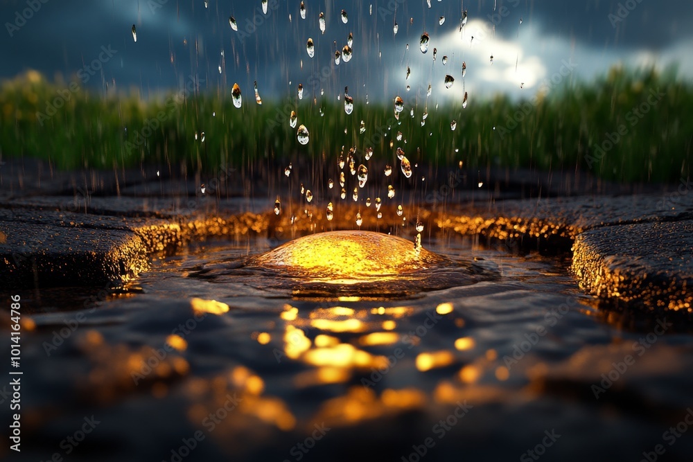 Hyper-realistic depiction of a spring rainstorm, with every drop of ...