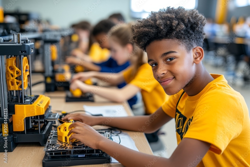Realistic depiction of young people using 3D printers in school ...
